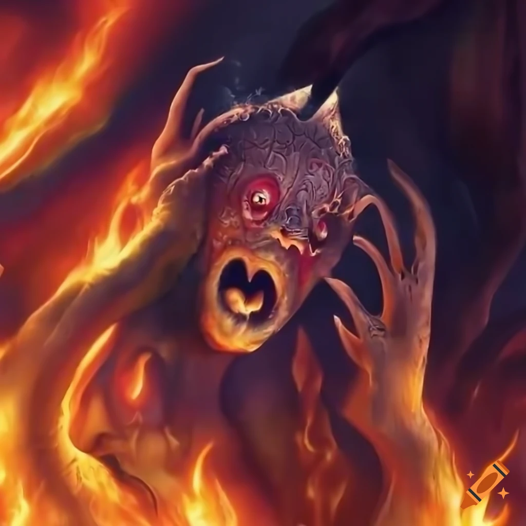 Illustration of a monster emerging from flames on Craiyon
