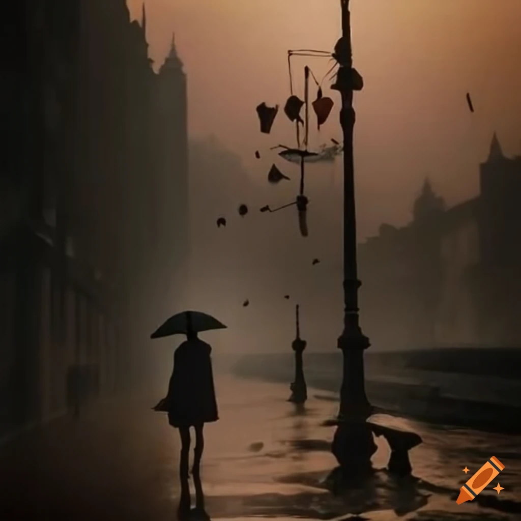 Brassai-style photo of a man with an umbrella in foggy Mumbai on Craiyon