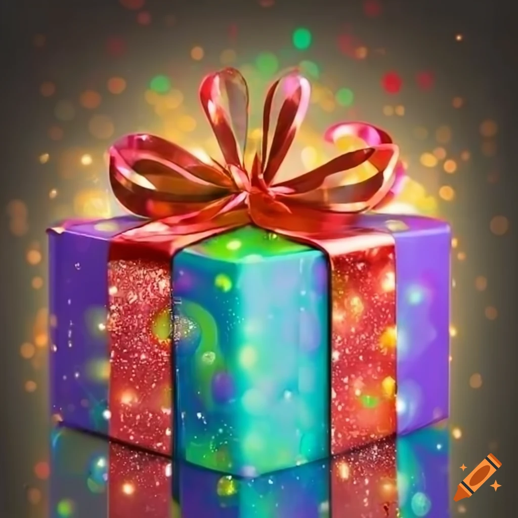 Acrylic painting of a colorful gift box with ribbon on Craiyon