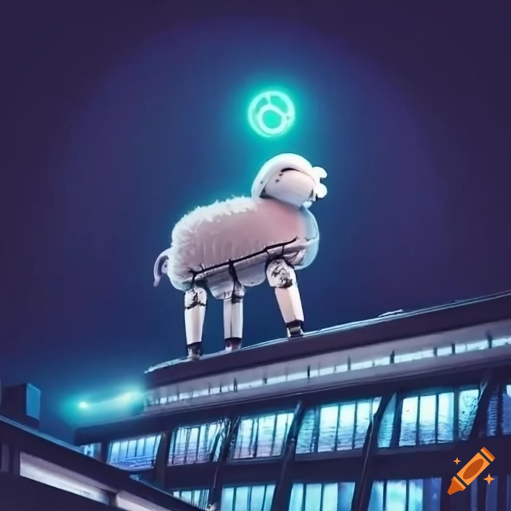 Neon-lit robot sheep on city building roof at night on Craiyon