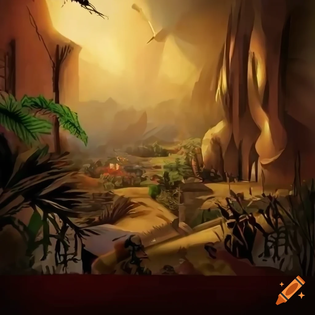 2D fantasy living room with warm colors and view outside on Craiyon