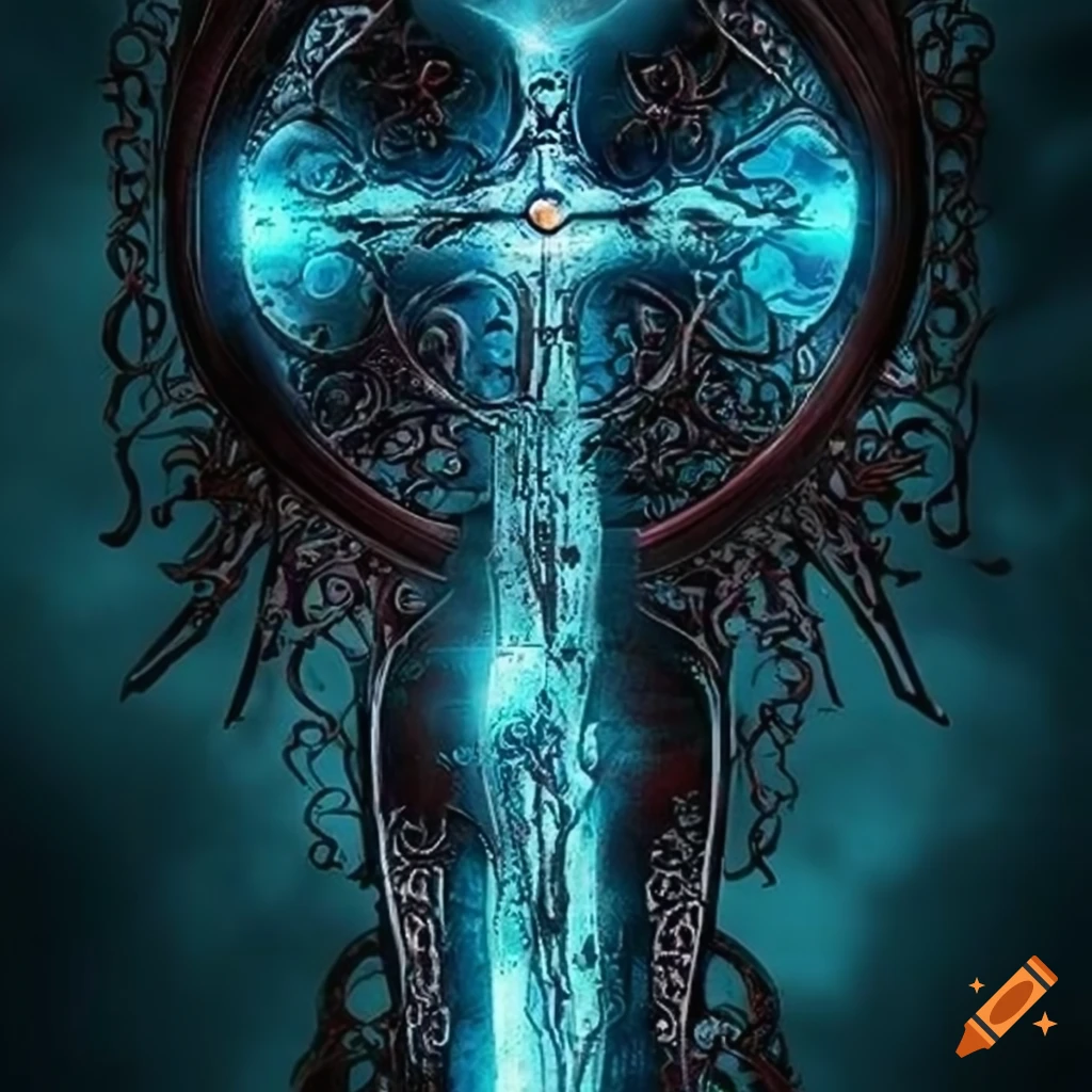 Texture of ancient language script on a glass cross sword