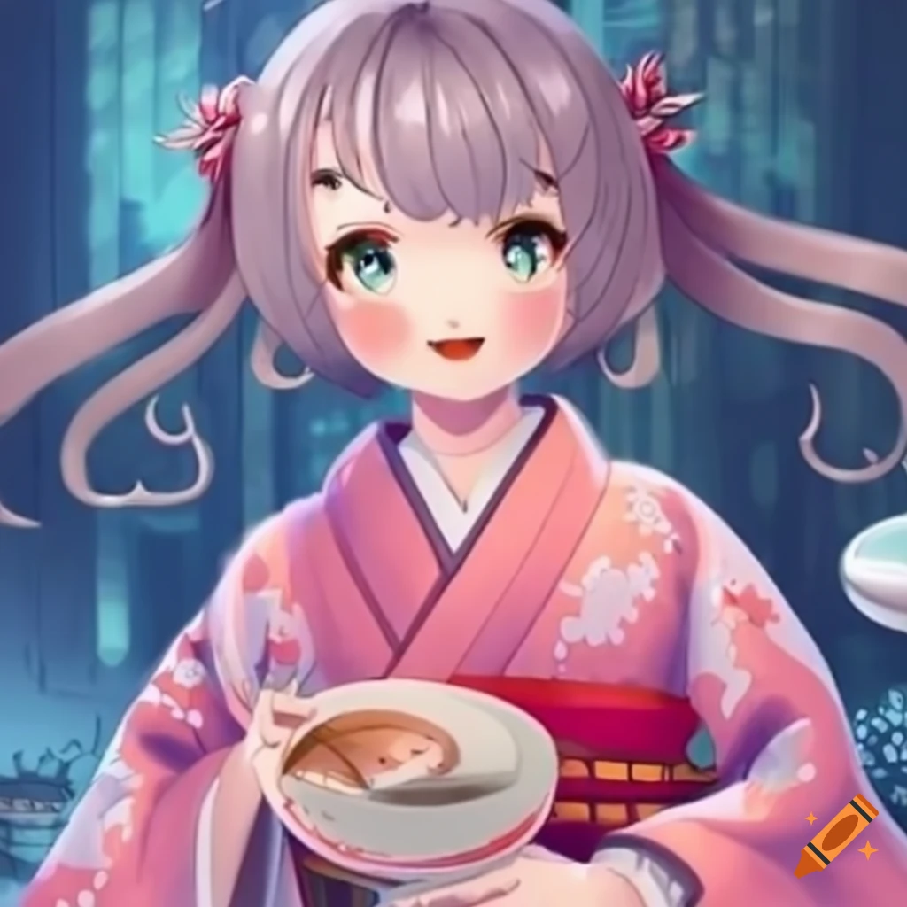 Anime girl in kimono serving tea