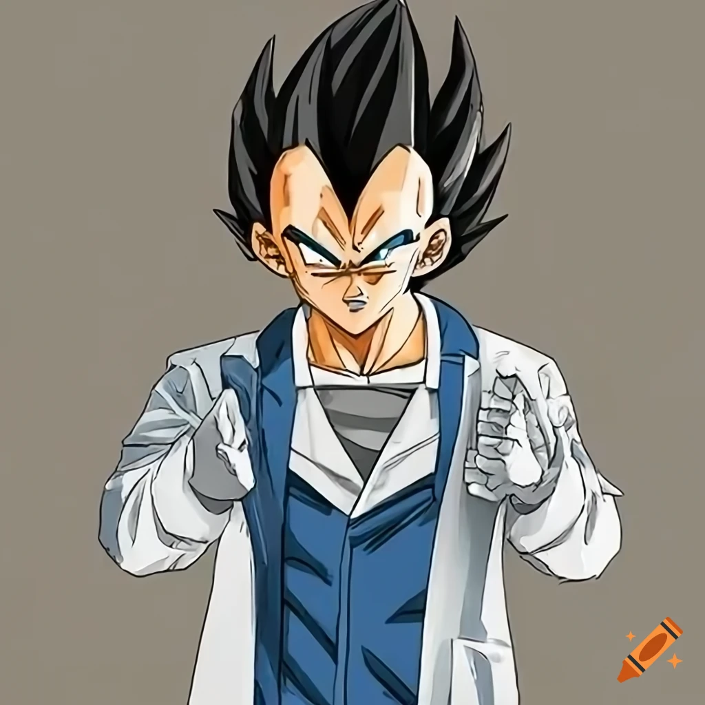 Cosplay of vegeta in a white lab coat on Craiyon