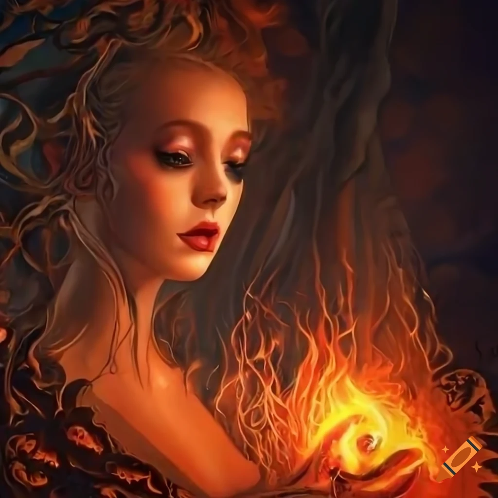 Illustration of a woman rising from the flames on Craiyon