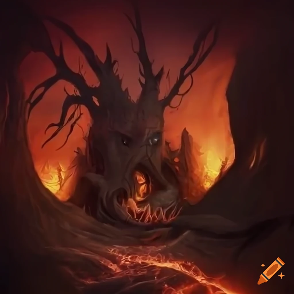 Dystopian creature emerging from flames illustration on Craiyon