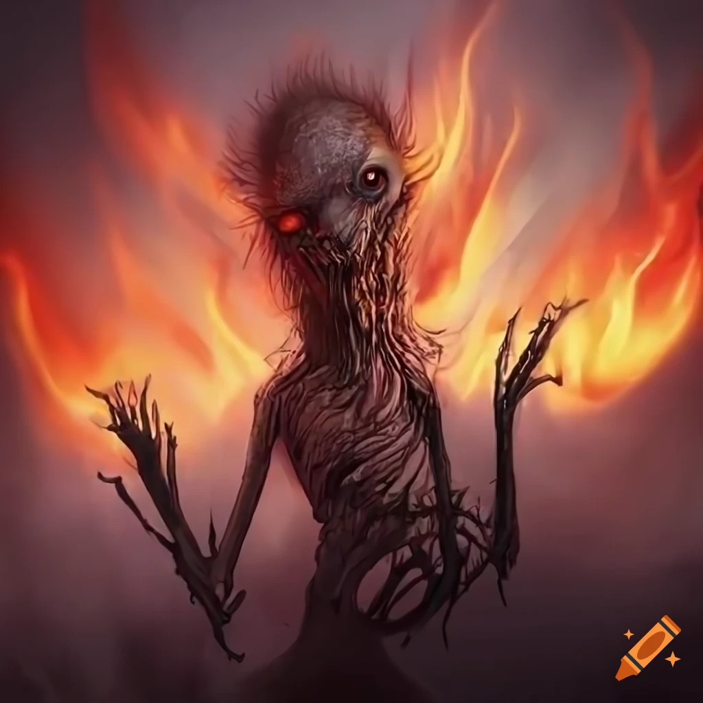 Illustration of a creature emerging from flames on Craiyon