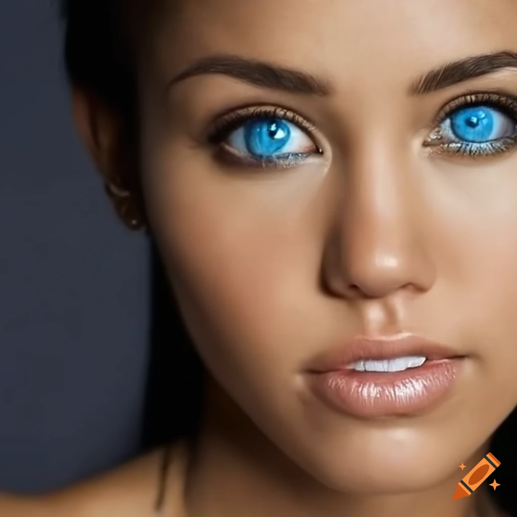 High resolution portrait of a beautiful woman with tan skin and blue ...