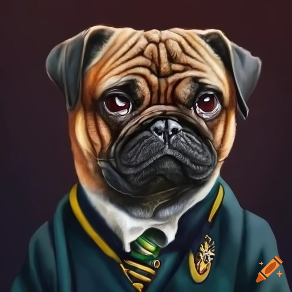 Hyper realistic drawing of a pug in hufflepuff uniform