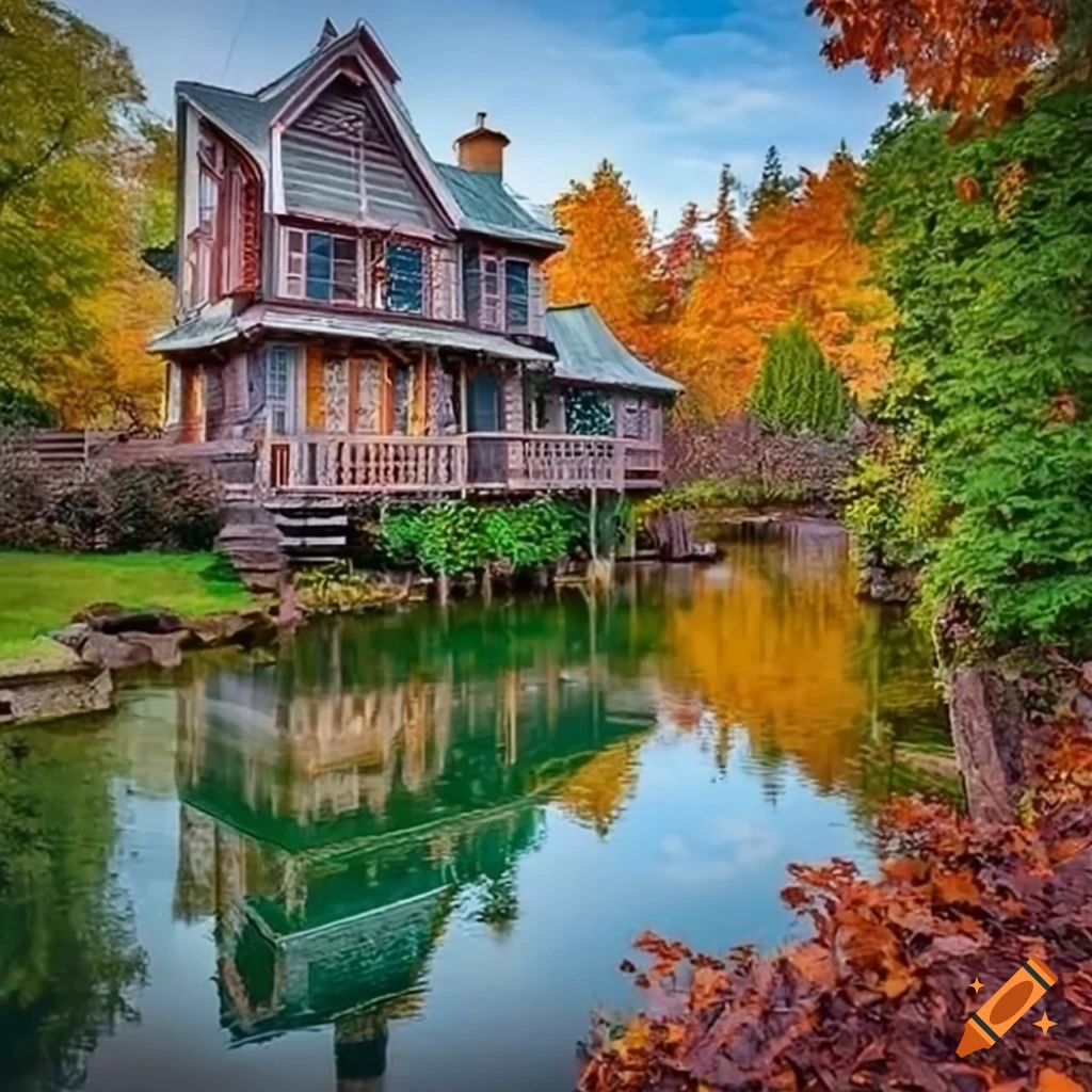 Victorian-style wooden house surrounded by a garden in autumn on Craiyon