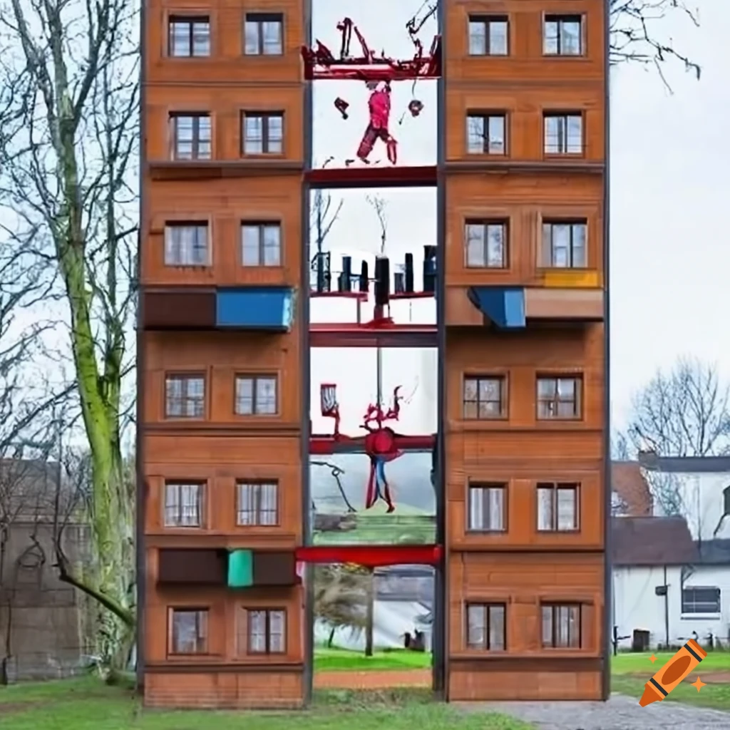 Spider-man themed metal climbing frame with urban buildings on Craiyon