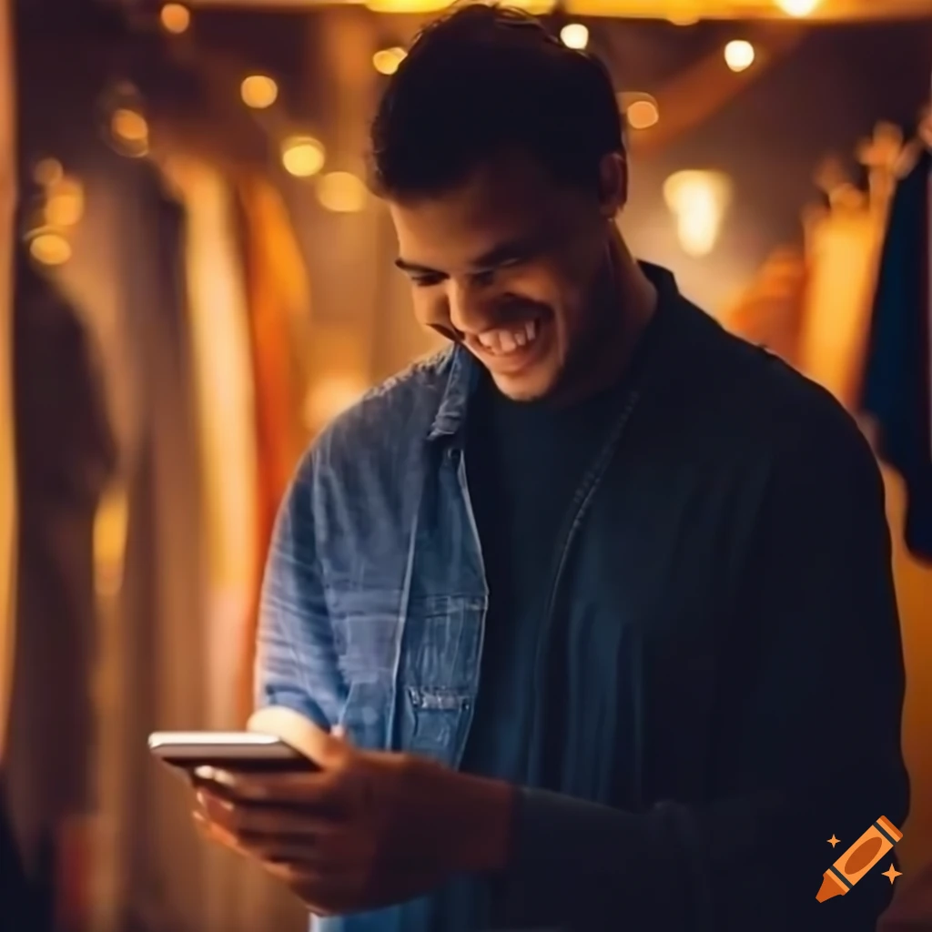 Man smiling at his phone in a clothing store on Craiyon