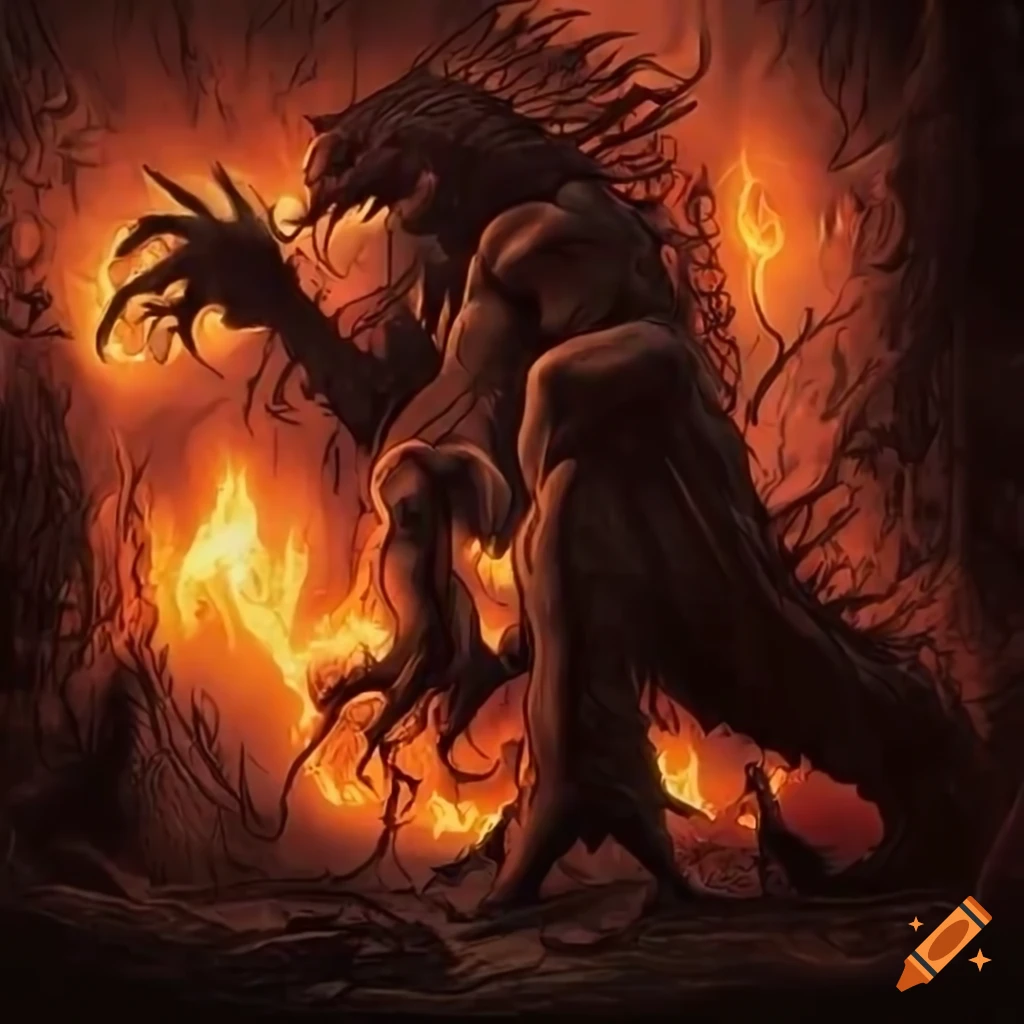 Illustration of a menacing monster emerging from flames