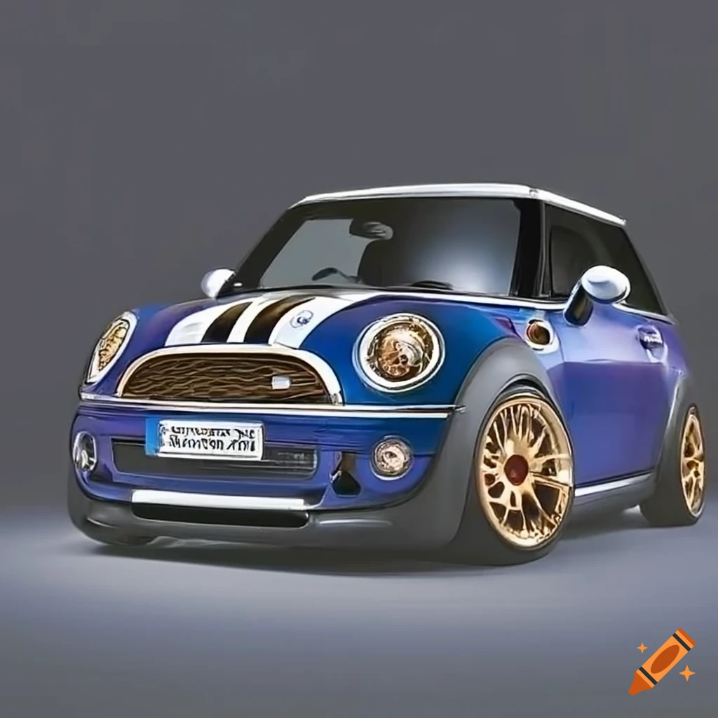 Blue mini car with white stripes and gold wheels