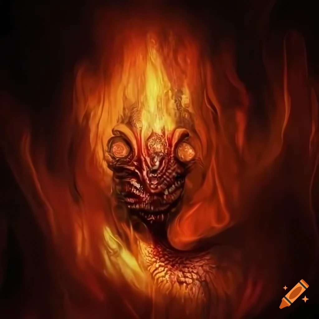 Illustration of a mythical creature emerging from flames