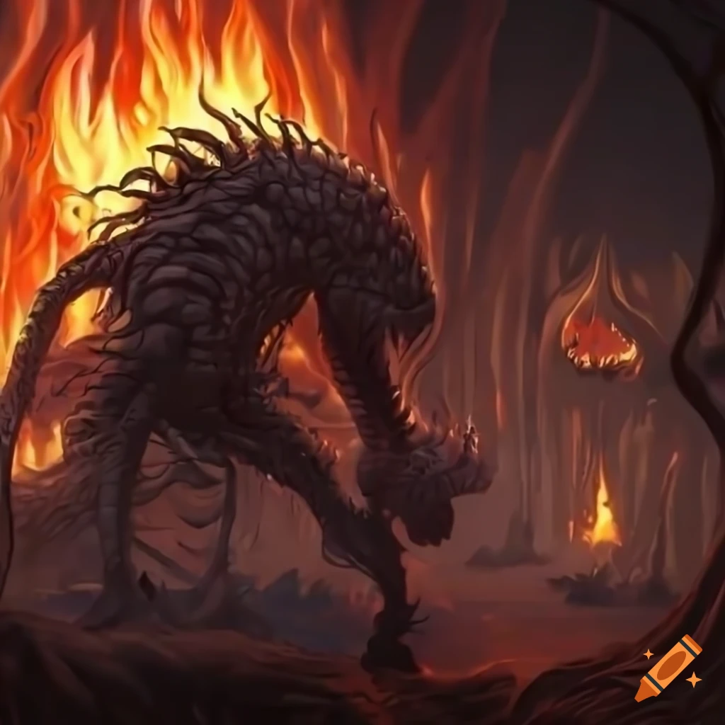 Illustration of a monster rising from flames on Craiyon