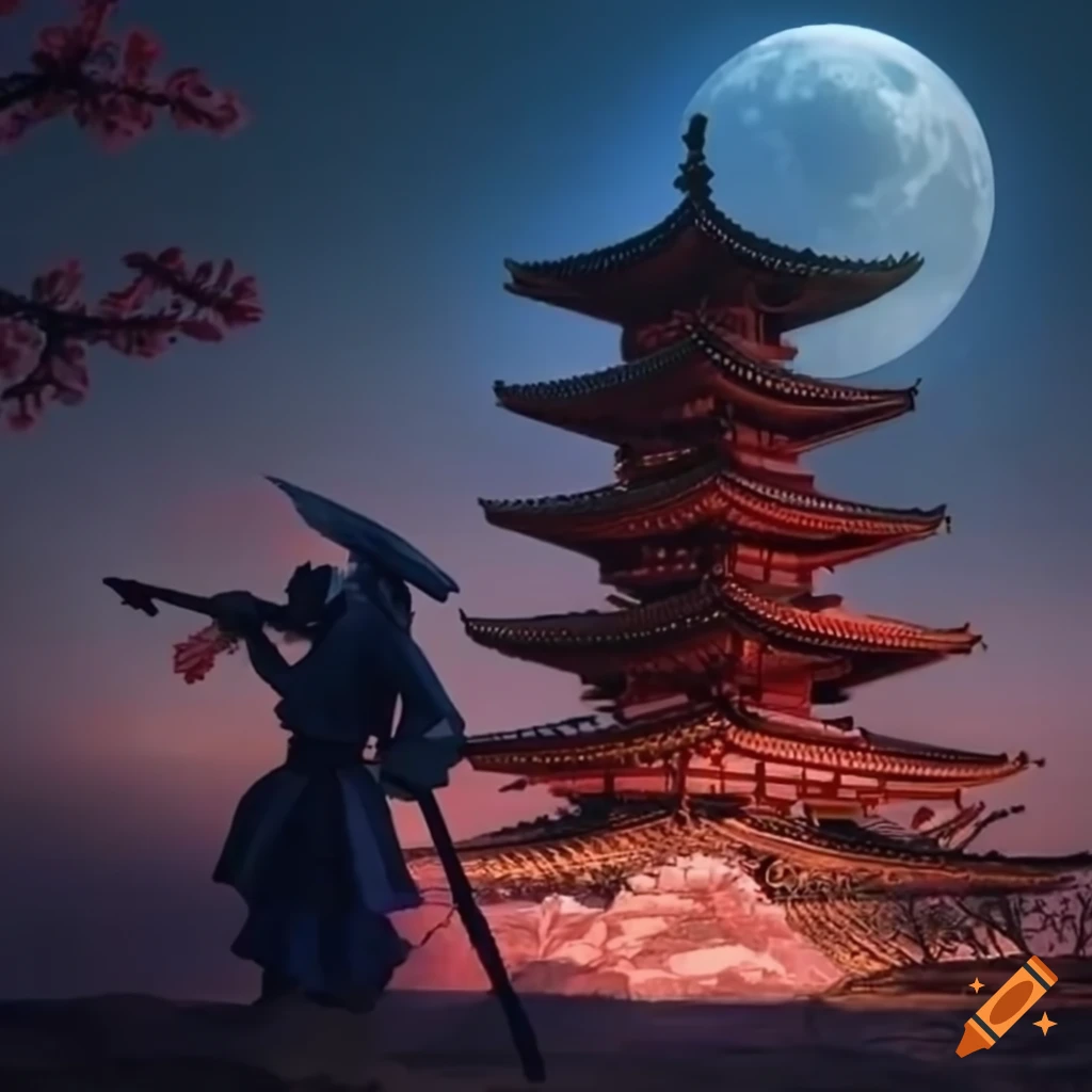 Samurai gazing at the crimson moon with cherry blossoms and a giant Japanese temple in the ...