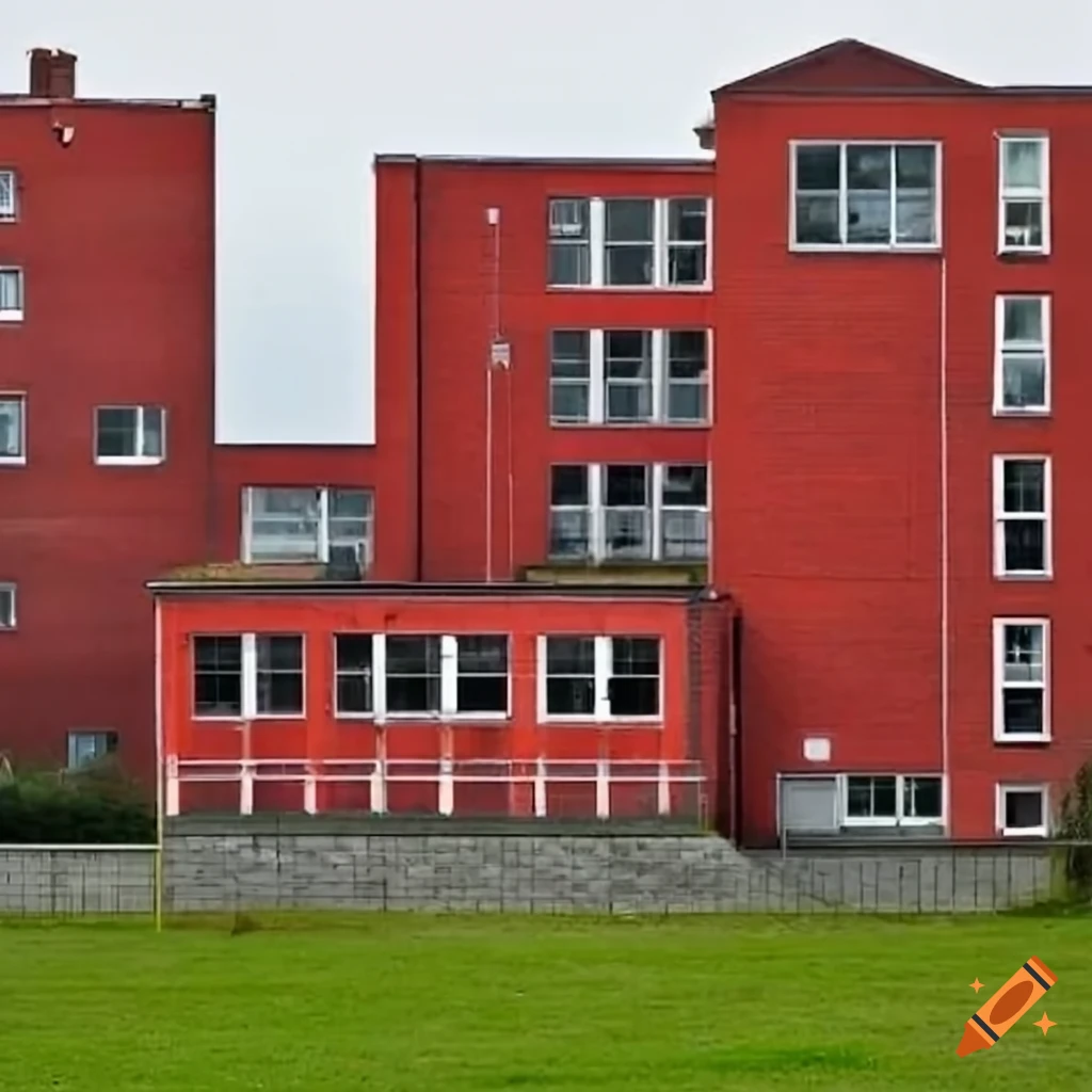 School buildings with a grey yard in the middle on Craiyon