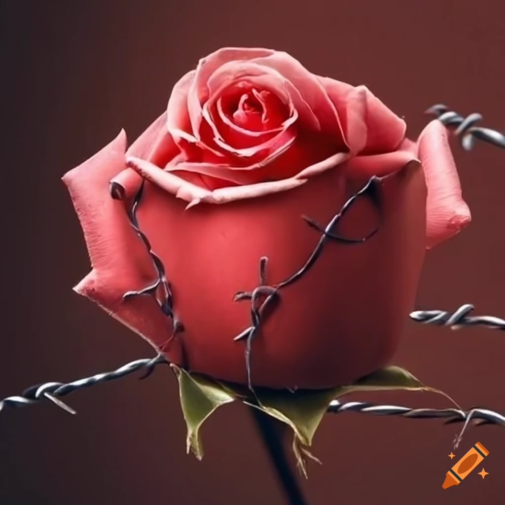 Rose with barbed wire wrapped around the stem on Craiyon