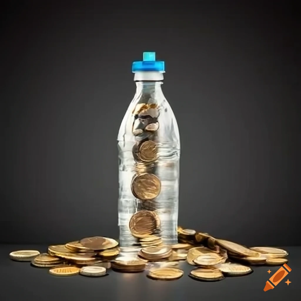 Water bottle filled with coins on Craiyon
