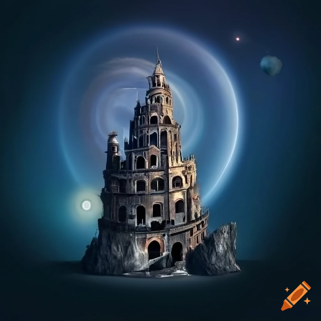 Image of a medieval-style tower on an asteroid with a celestial ...