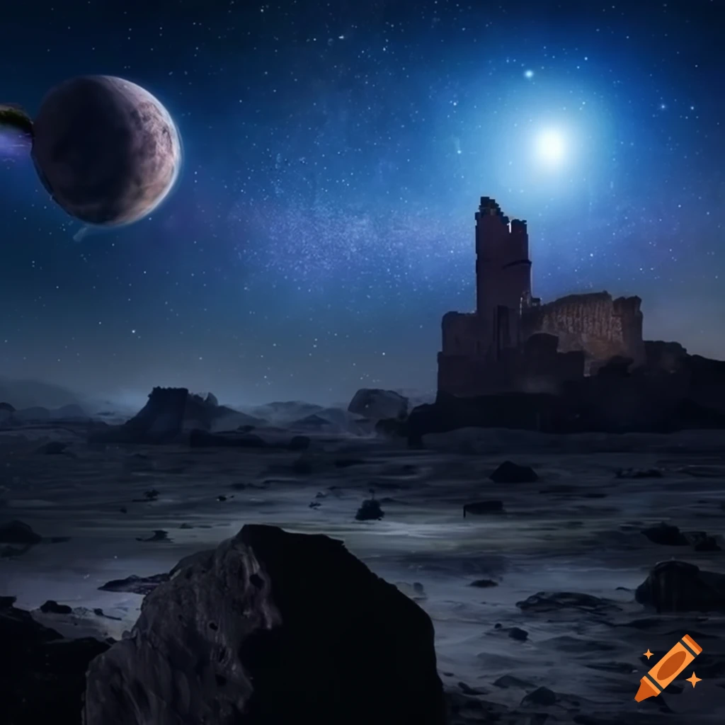 Sci-fi artwork of roman ruins on an asteroid on Craiyon