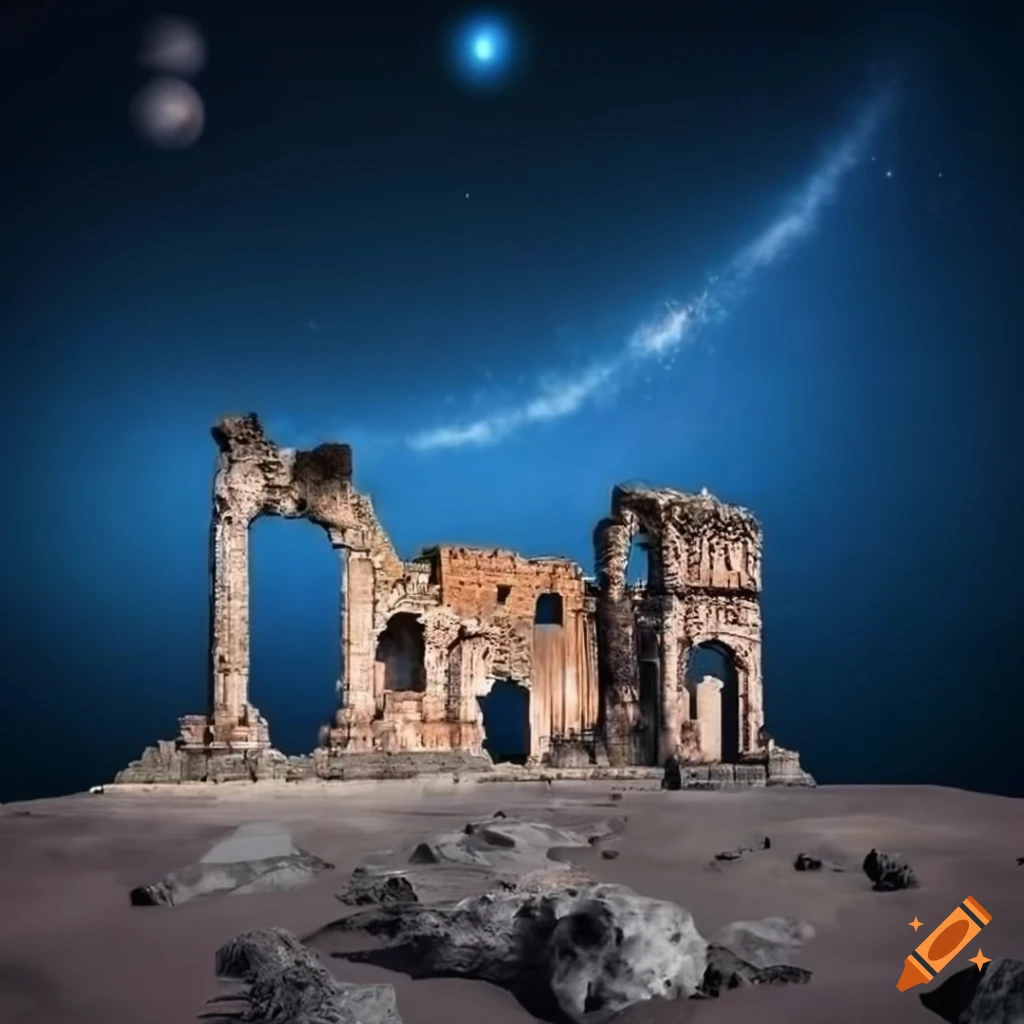 Sci-fi artwork of roman ruins on an asteroid on Craiyon