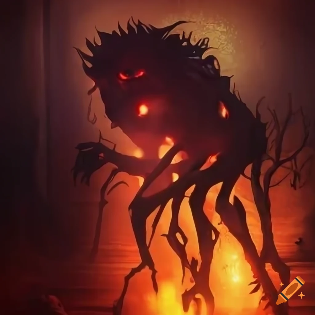 Illustration of a dystopian creature emerging from flames on Craiyon