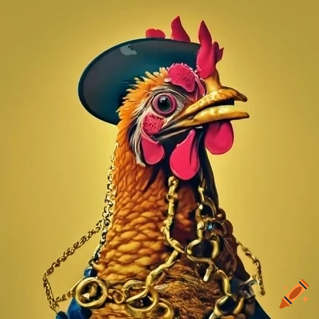 Stylish chicken with golden chains and rapper attire on Craiyon