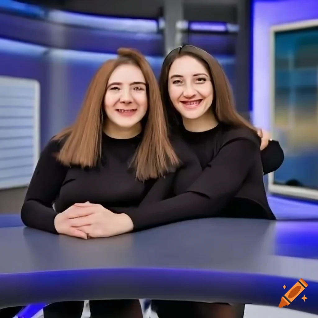 Two women hosts in matching sweaters sitting at news desk on Craiyon