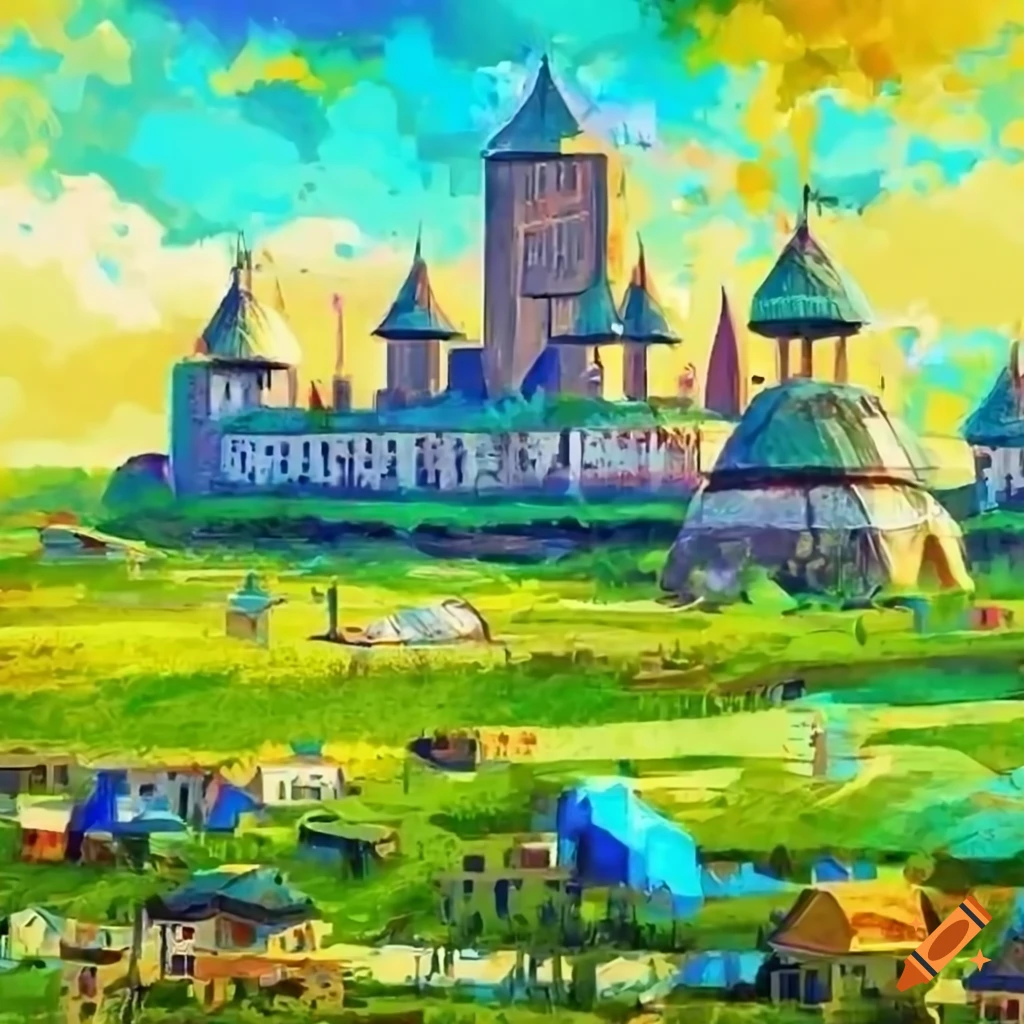 Colorful painting of an ancient steppe city in a forest on Craiyon