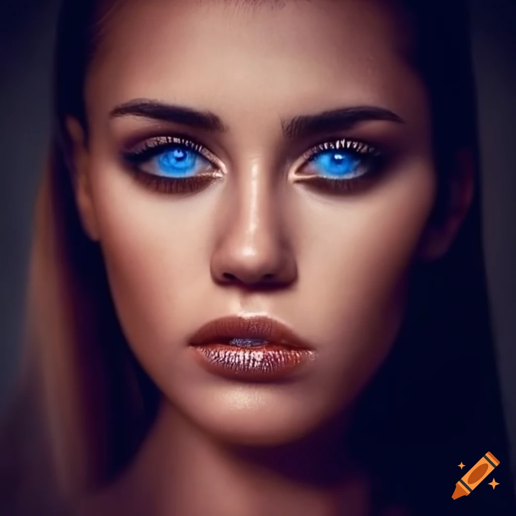 Portrait of a beautiful woman with tan skin and blue eyes