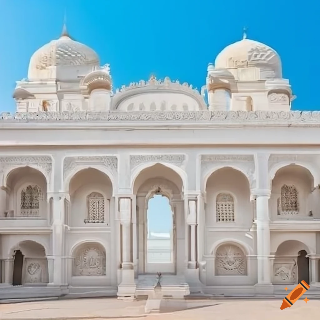 Frontal view of mahal white house in mediterranean architectural style on Craiyon