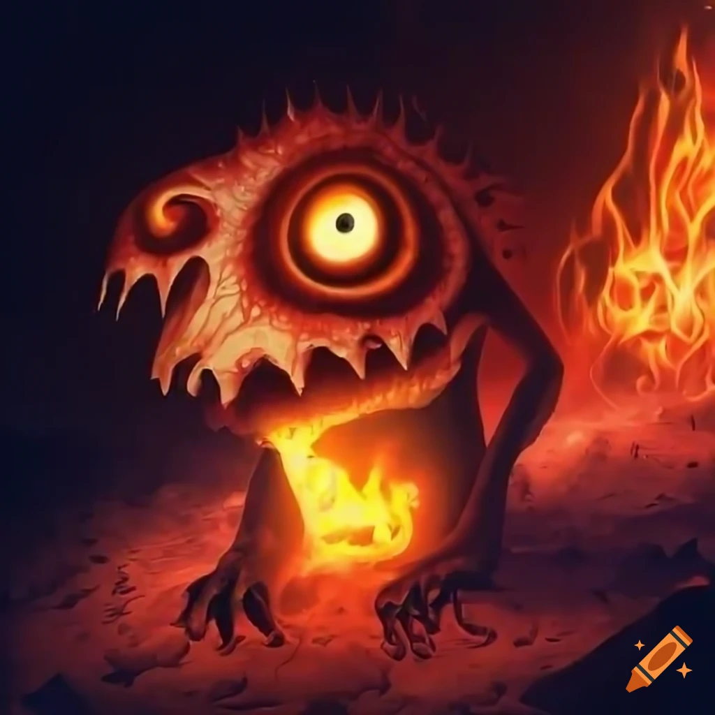 Illustration of a funny monster in flames