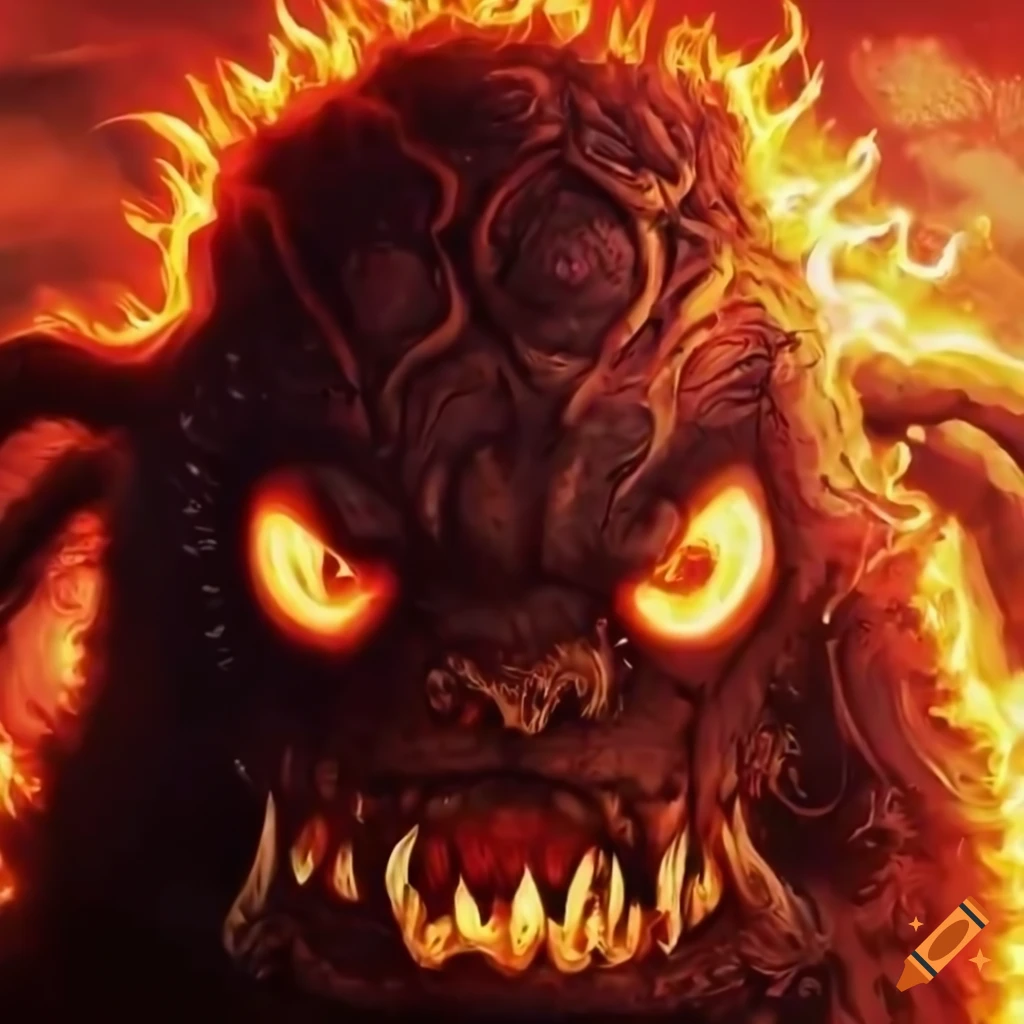Illustration of a monster emerging from flames on Craiyon