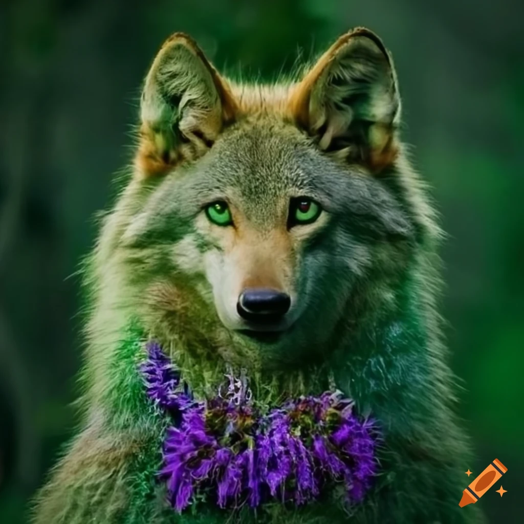 Wolf with moss as skin and purple flowers on its back