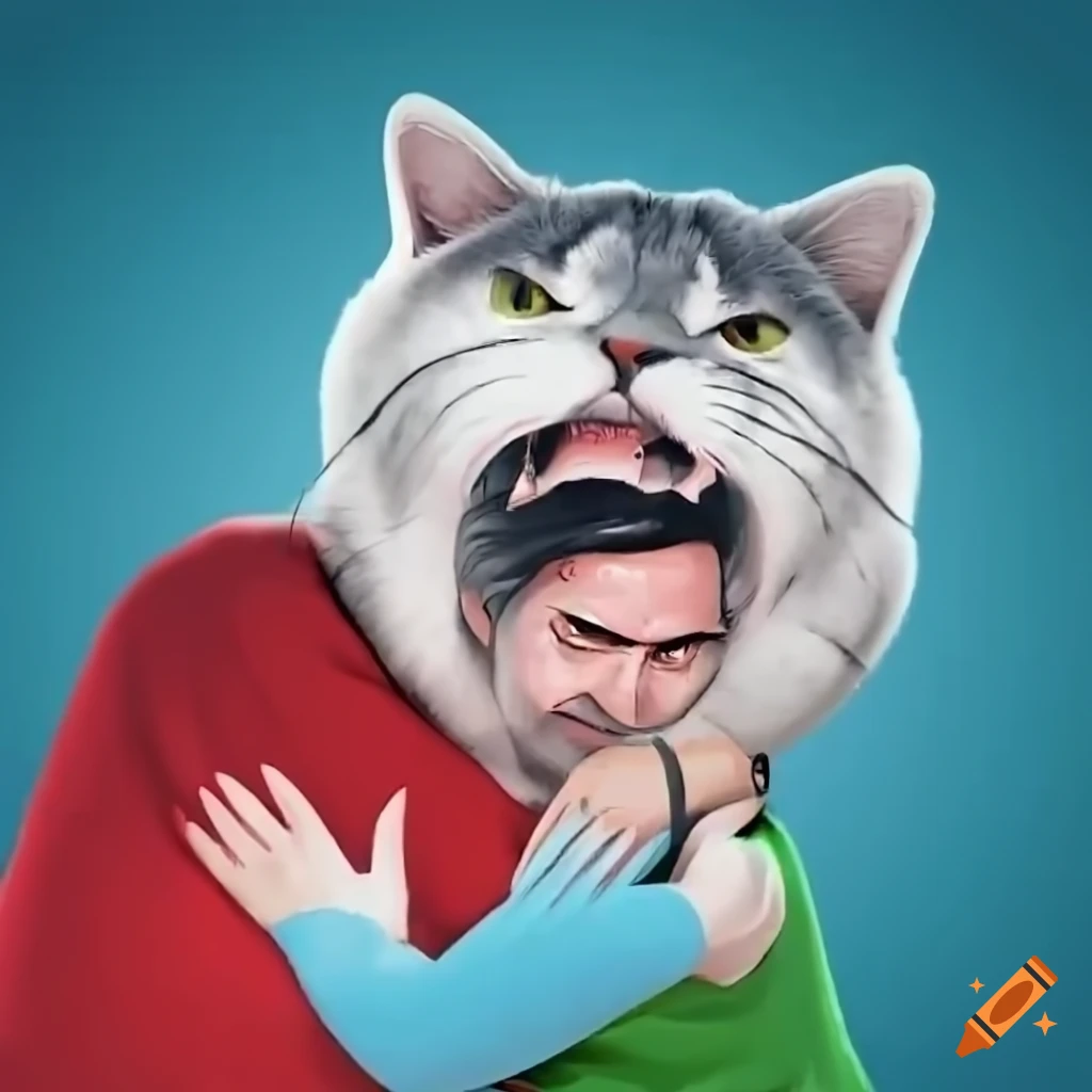 Man hugging a friendly giant cat on Craiyon