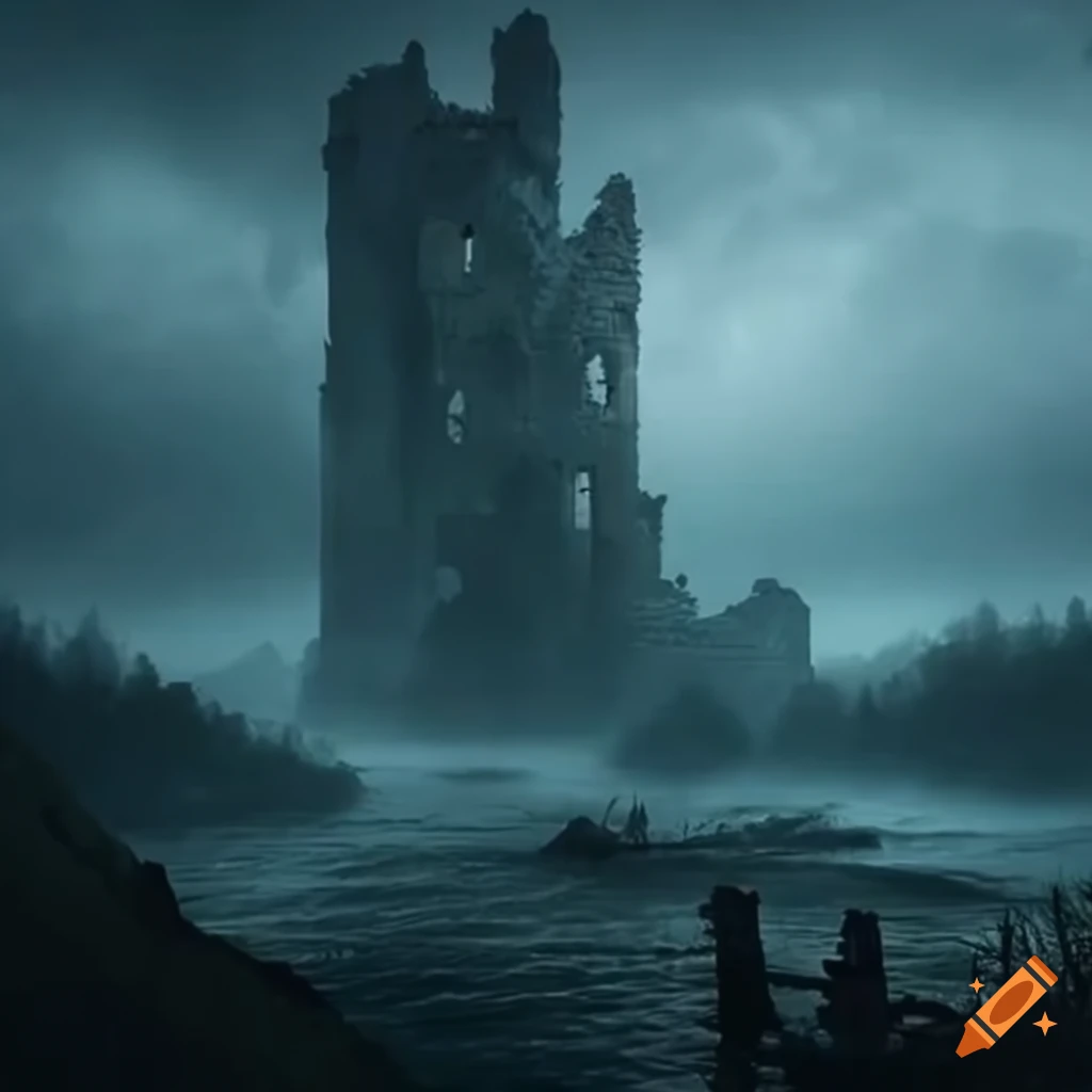 Mysterious ancient structure in a gloomy mist on Craiyon