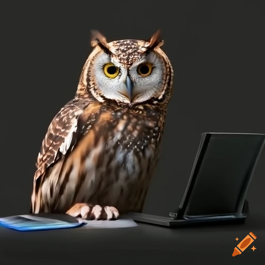 Realistic portrayal of an owl-man working on Craiyon