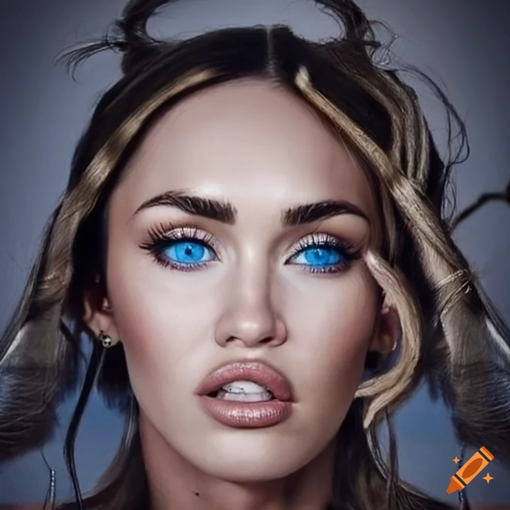 Portrait of Megan Fox and Miley Cyrus with striking blue eyes on Craiyon