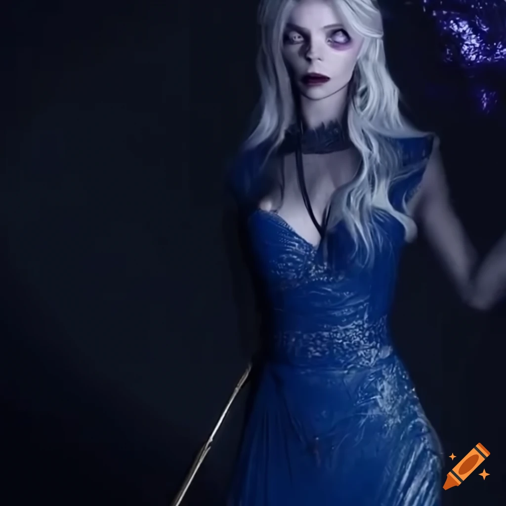 Image of a dark blue-skinned alien drow girl with purple eyes and white hair