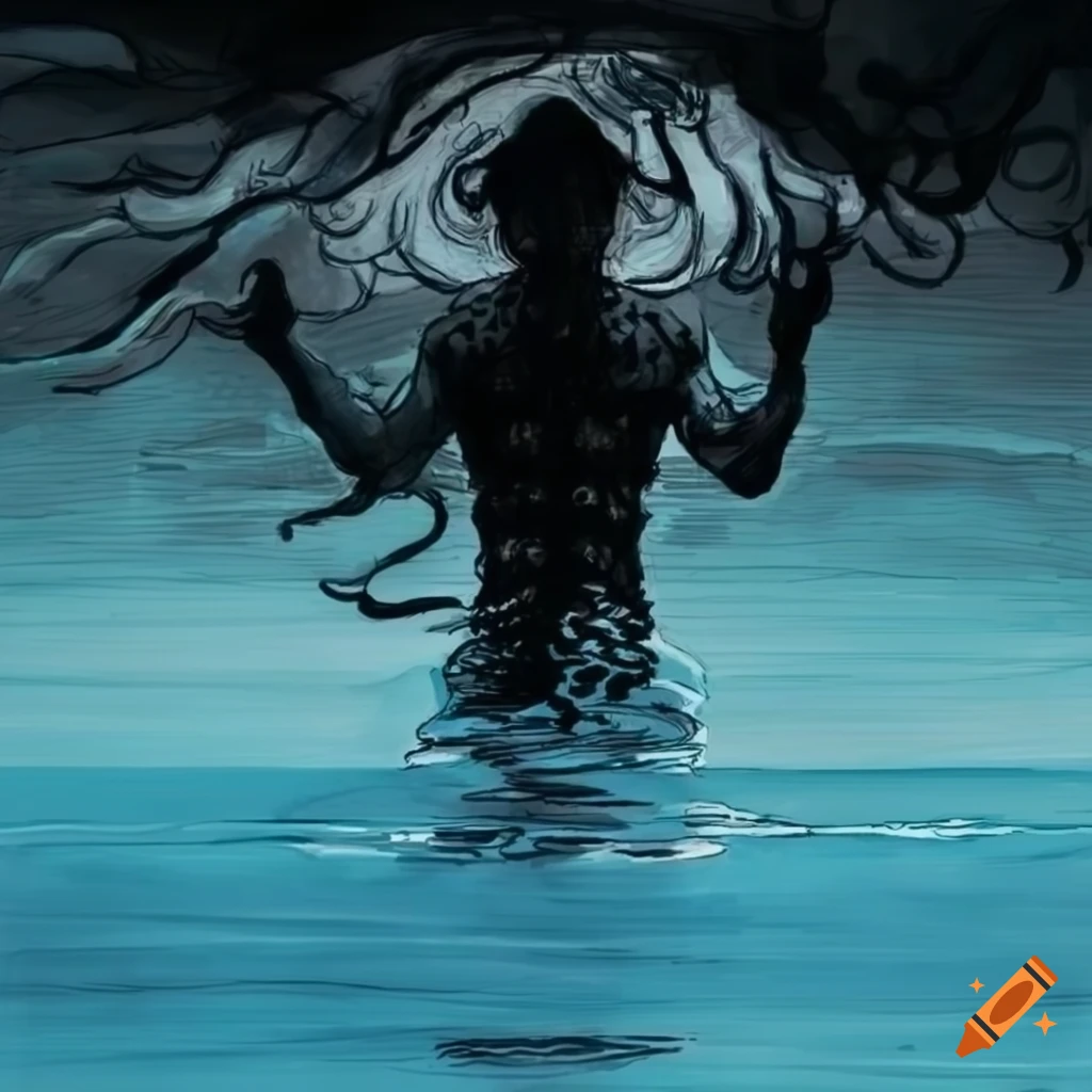 Anime character falling into water in black and white, side view on Craiyon