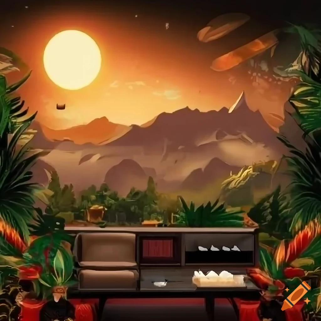 2D fantasy living room with warm colors and view outside on Craiyon