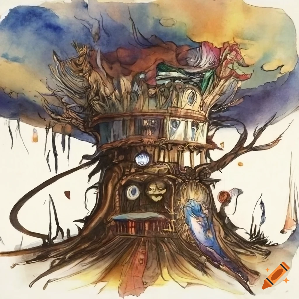 Treehouse concept art by Yoshitaka Amano on Craiyon