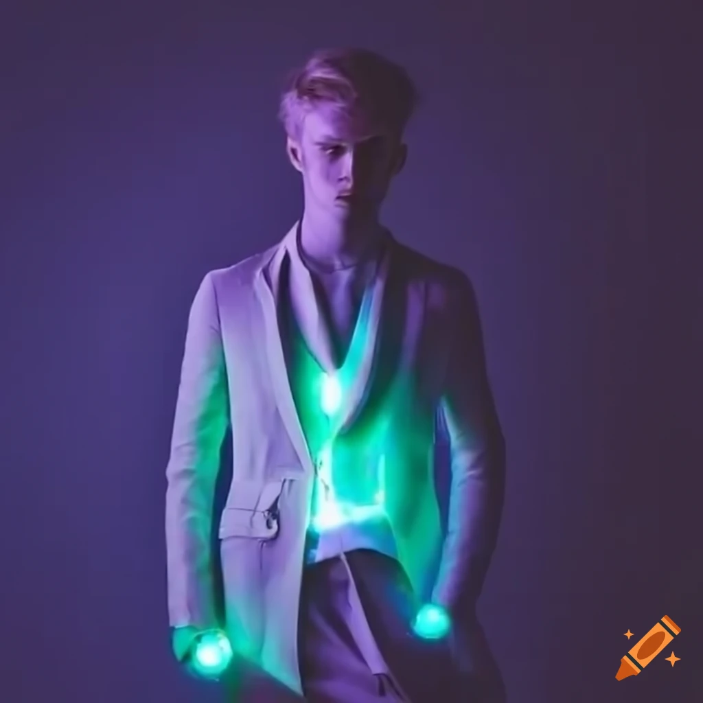 Man wearing a glowing light-up lighthouse outfit on Craiyon