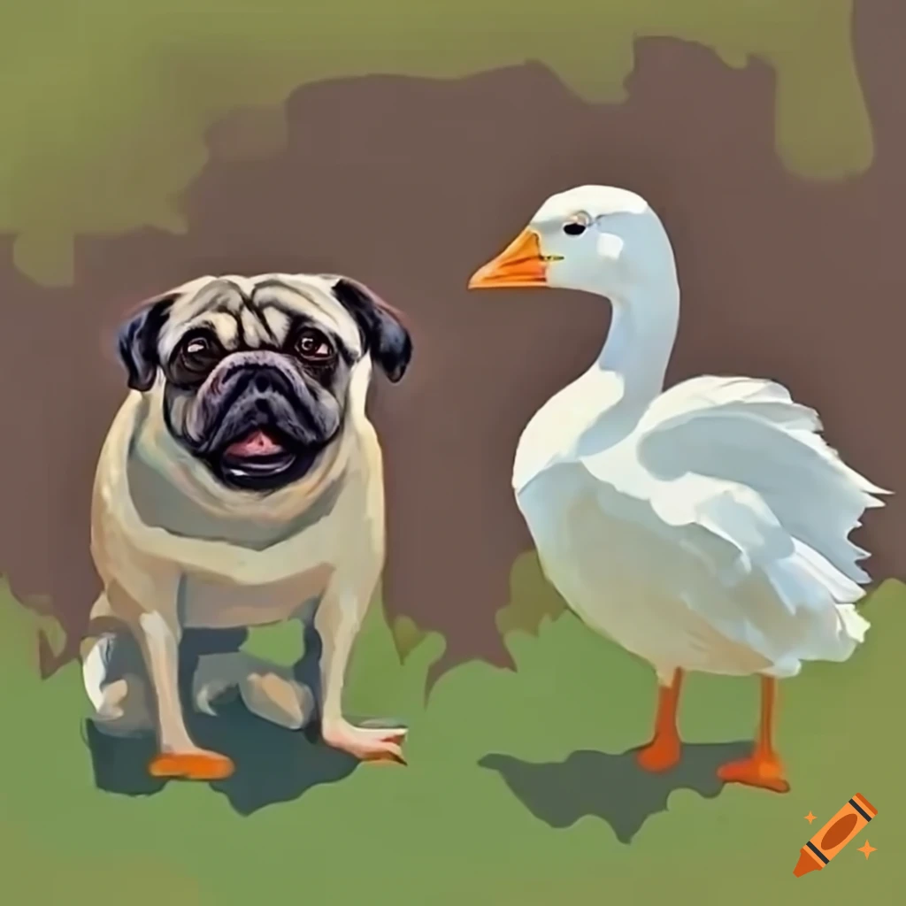 Pug dog and white goose standing together