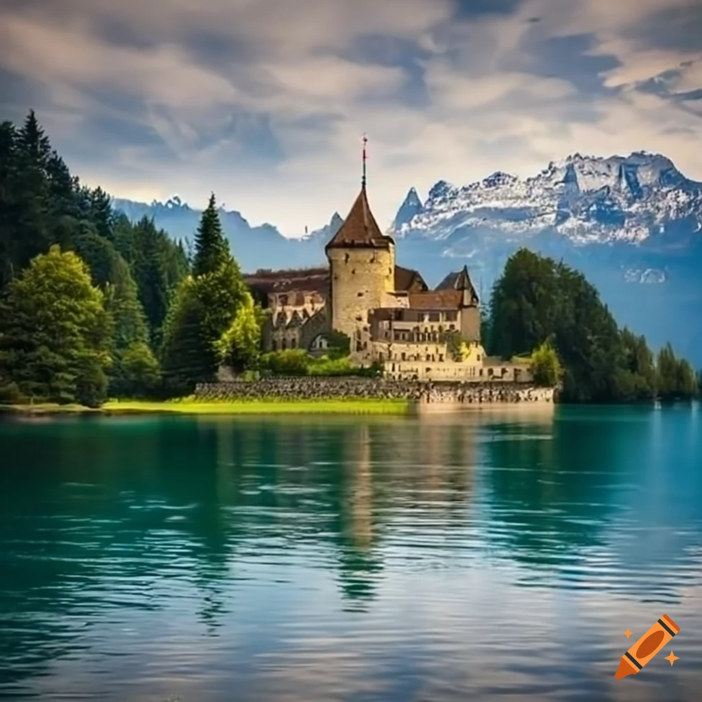 Swiss lake with a picturesque castle on Craiyon