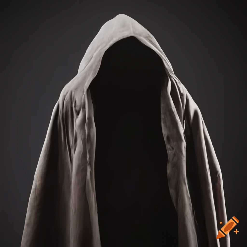 Hooded wanderer facing away on a white background on Craiyon
