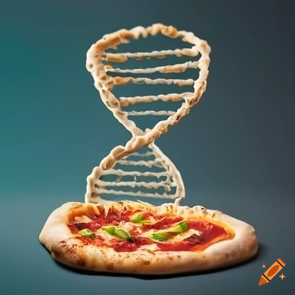 Abstract representation of dna made from pizza and pasta