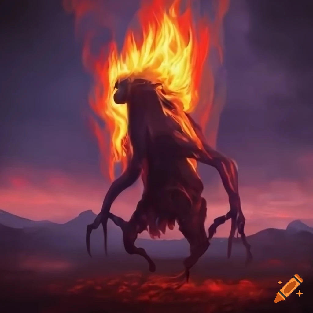 Human with fiery skin facing a red dragon amidst flames in a desert ...